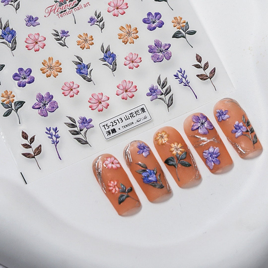 5D Pink Flower Nail Stickers Puplue Flower Nail Decals Blue - Etsy