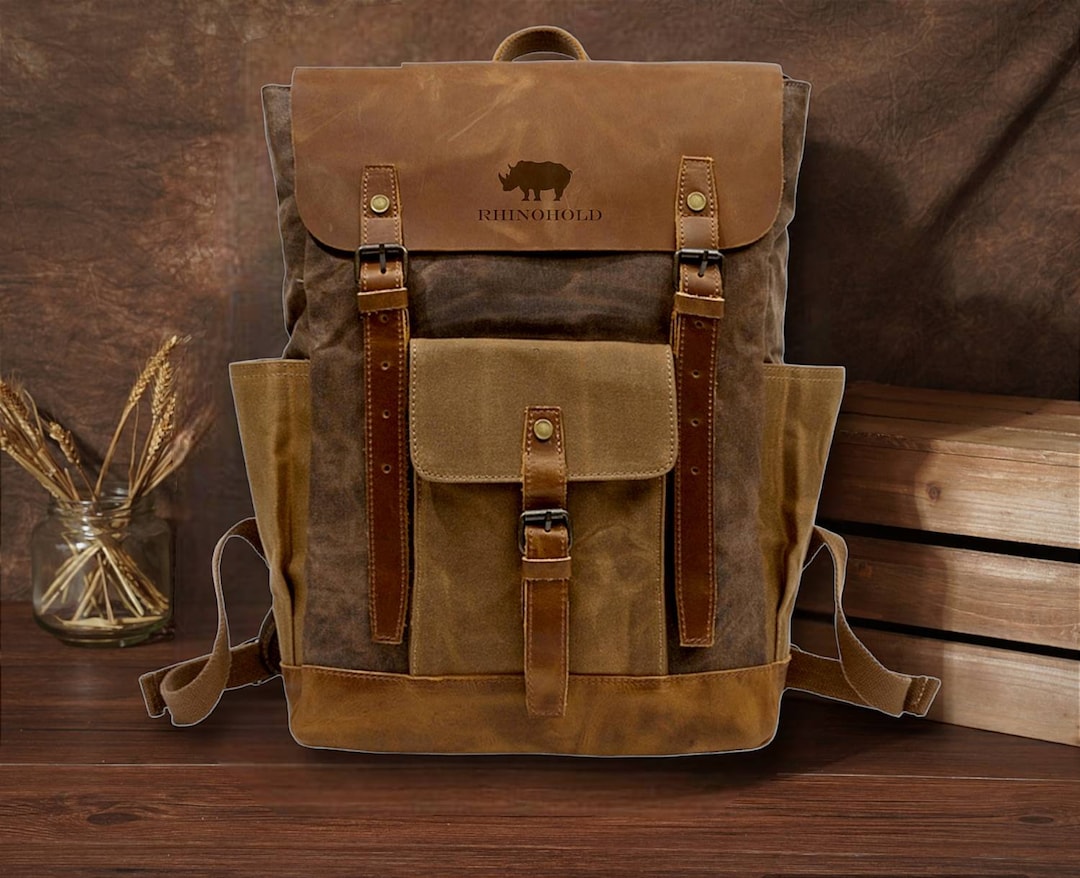 Personalized Wax Canvas Backpack, Wax Canvas Leather Backpack, Canvas ...