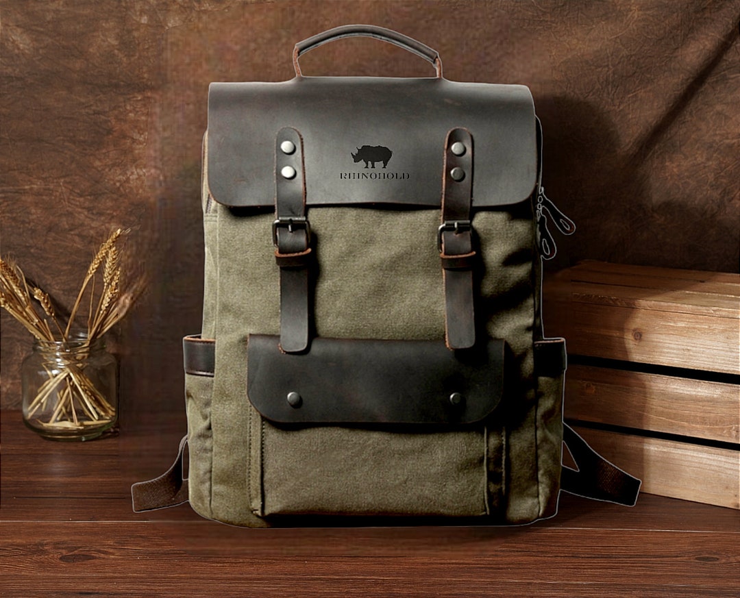 Personalized Wax Canvas Backpack, Canvas Leather Laptop Backpack ...