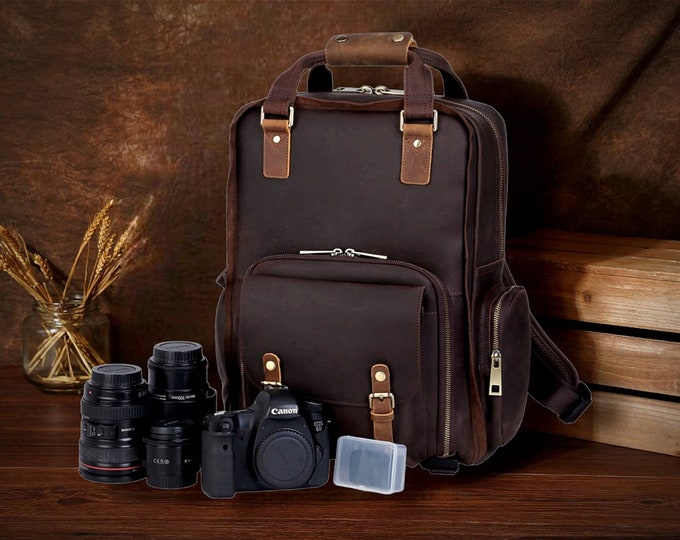 Genuine Cow Leather Crazy Horse Backpack Laptop Bag Camera Pocket Multipurpose Leather Backpack ...