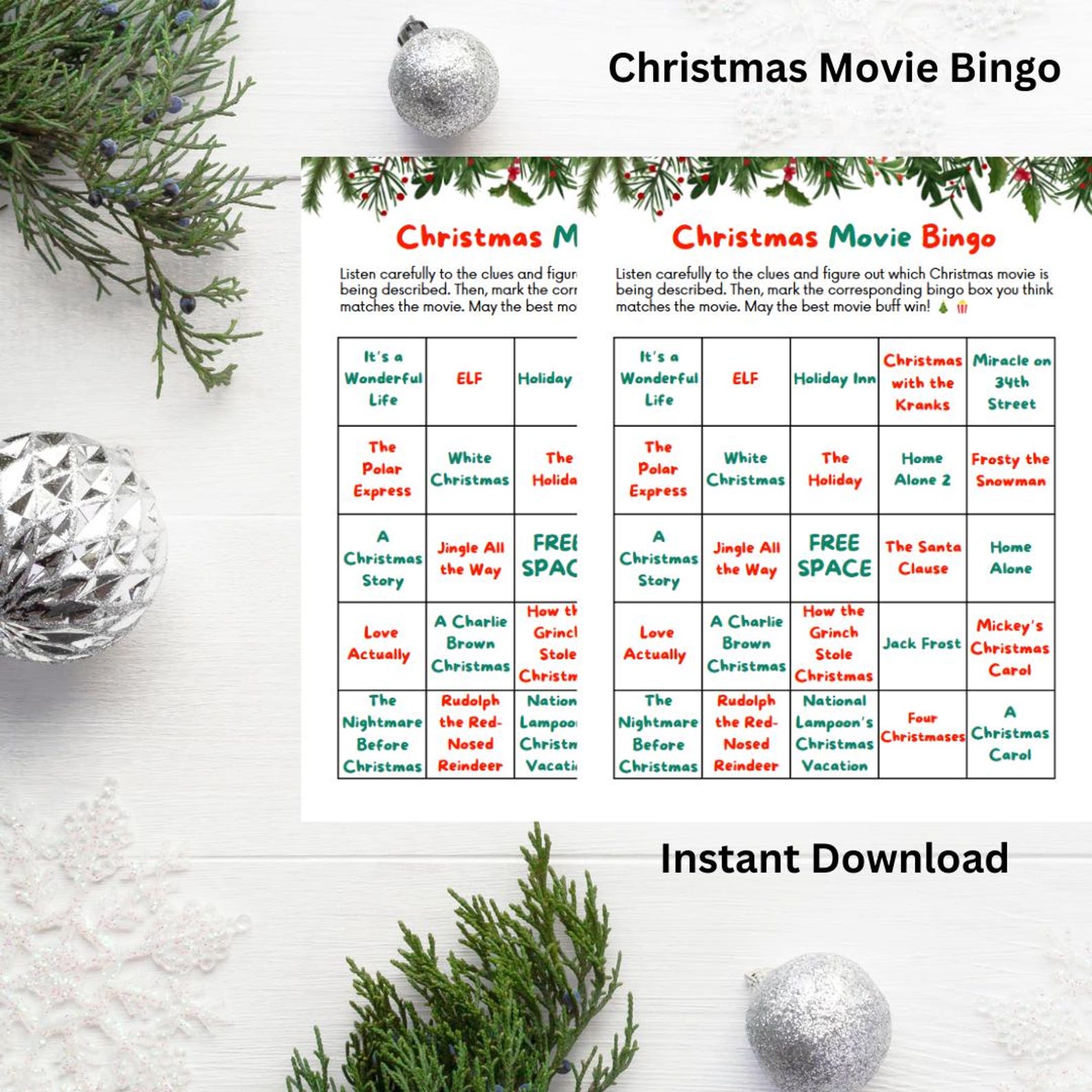 Christmas Bingo Movie Game Printable,christmas Bingo,christmas Games ...