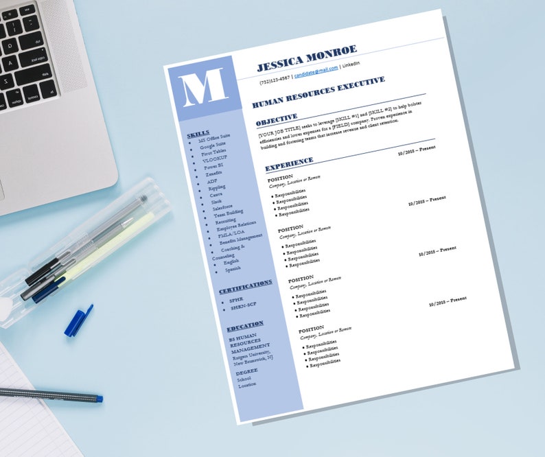 Modern Blue Monogram Resume Template Cover Letter Thank You - Etsy