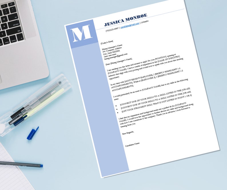 Modern Blue Monogram Resume Template, Cover Letter, Thank You in Word ...