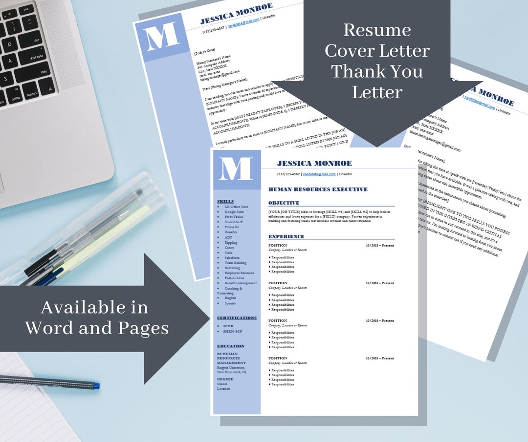 Modern Blue Monogram Resume Template Cover Letter Thank You - Etsy