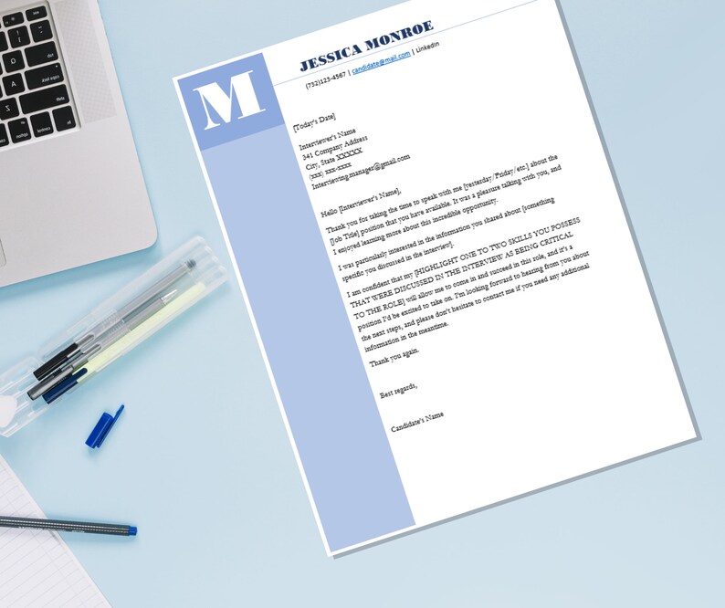 Modern Blue Monogram Resume Template Cover Letter Thank You - Etsy