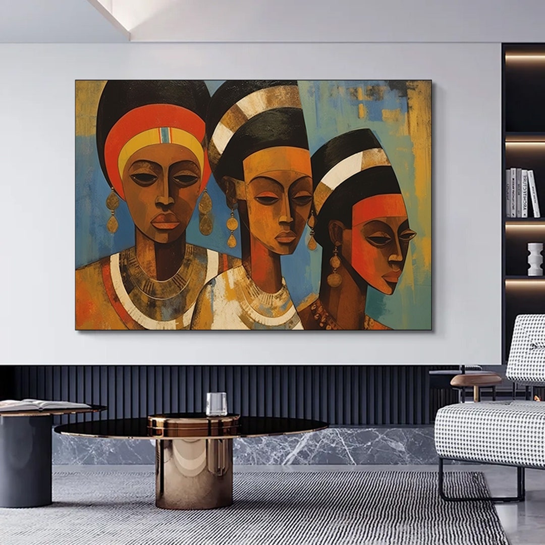 Three Geometry African Oil Paintings Canvas Painting, Colorful African ...