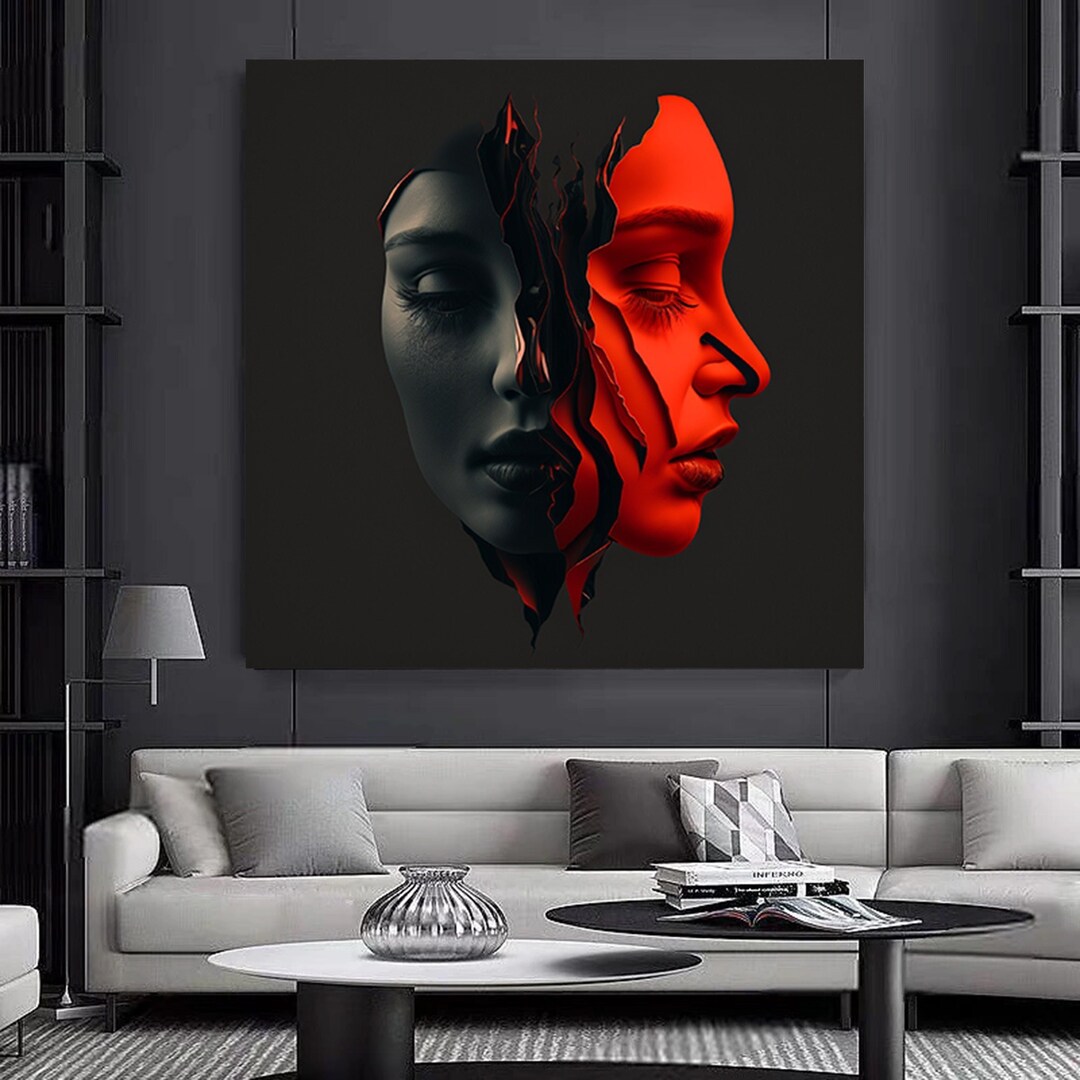 Two Faces Abstract Canvas Art, Red & Gray Minimalist Decor - Etsy