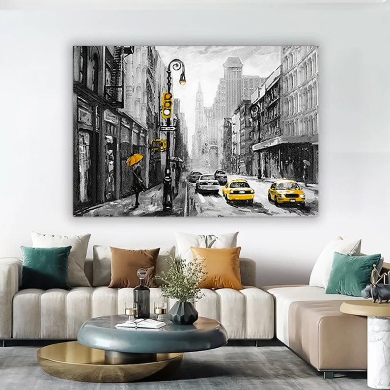 Yellow Taxi Abstract Landscape Posters and Prints Wall Art Oil - Etsy