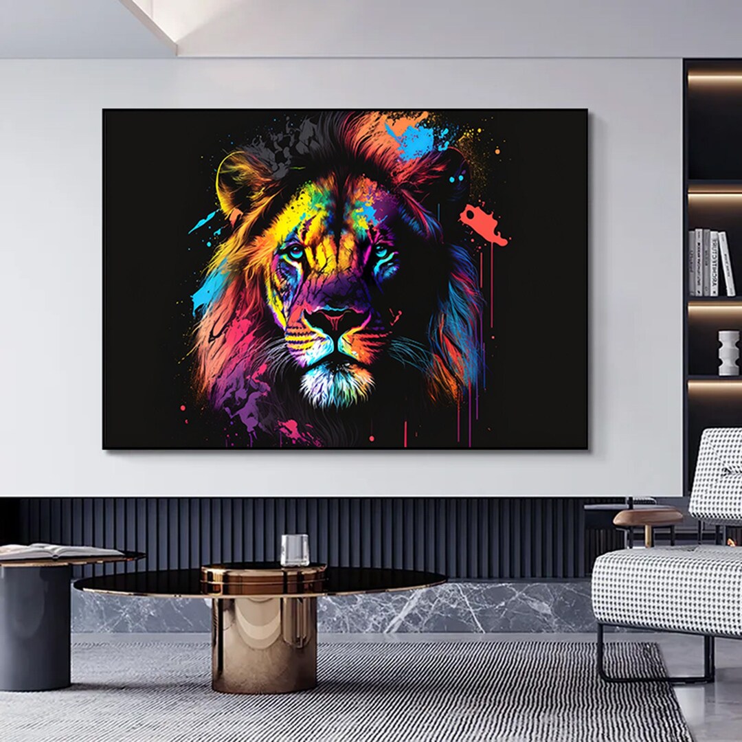 Lion Abstract Print in Pop Art Style, Multicolor Lion Canvas Painting ...