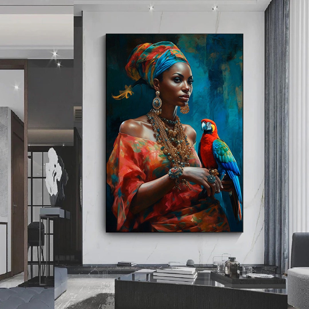 African Woman and Parrot Canvas Painting, Paint Textured Canvas Print ...