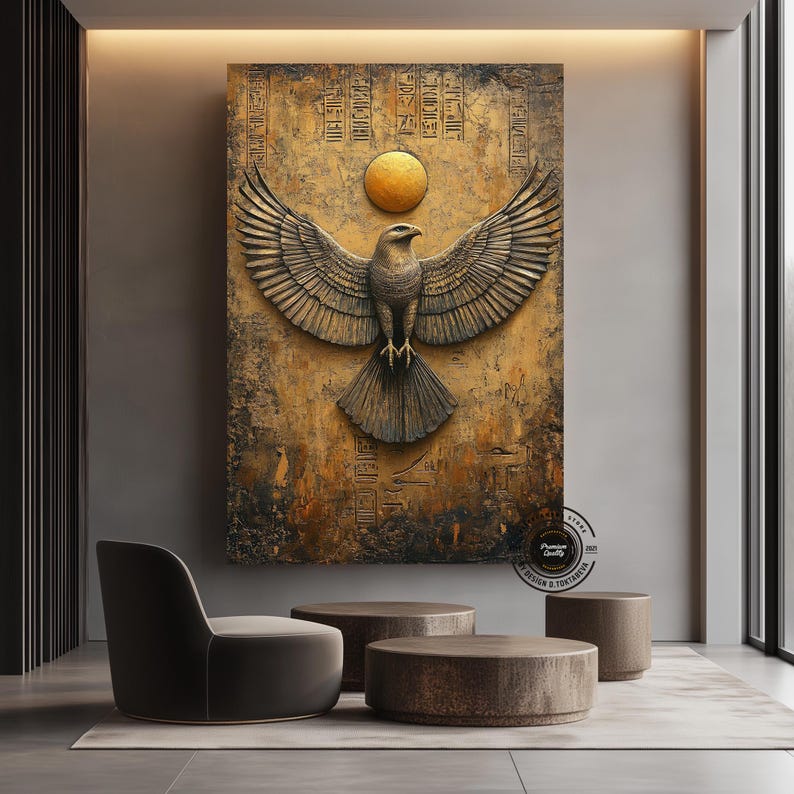 Canvaskunst Egyptische valk: gouden Horus-symbool, koninklijk decor ...