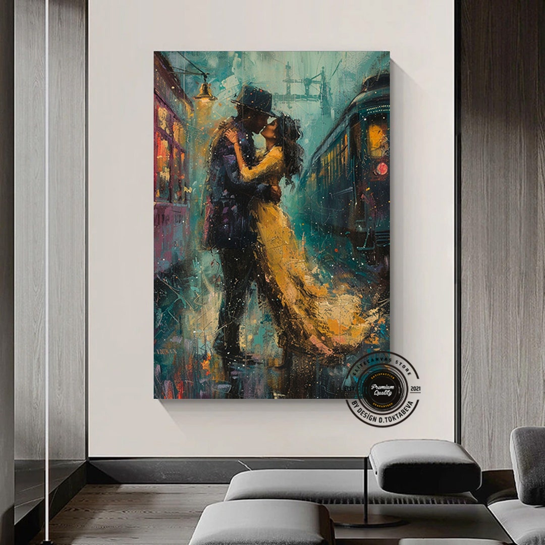 Romantic Couple Wall Art, Abstract Kissing Framed Canvas, Lovers Art ...