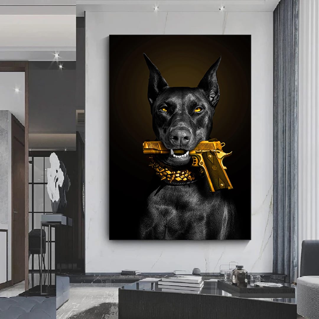Doberman and Gun Canvas, Dog in Gun Mouth Painting, Gun and Dog Print ...