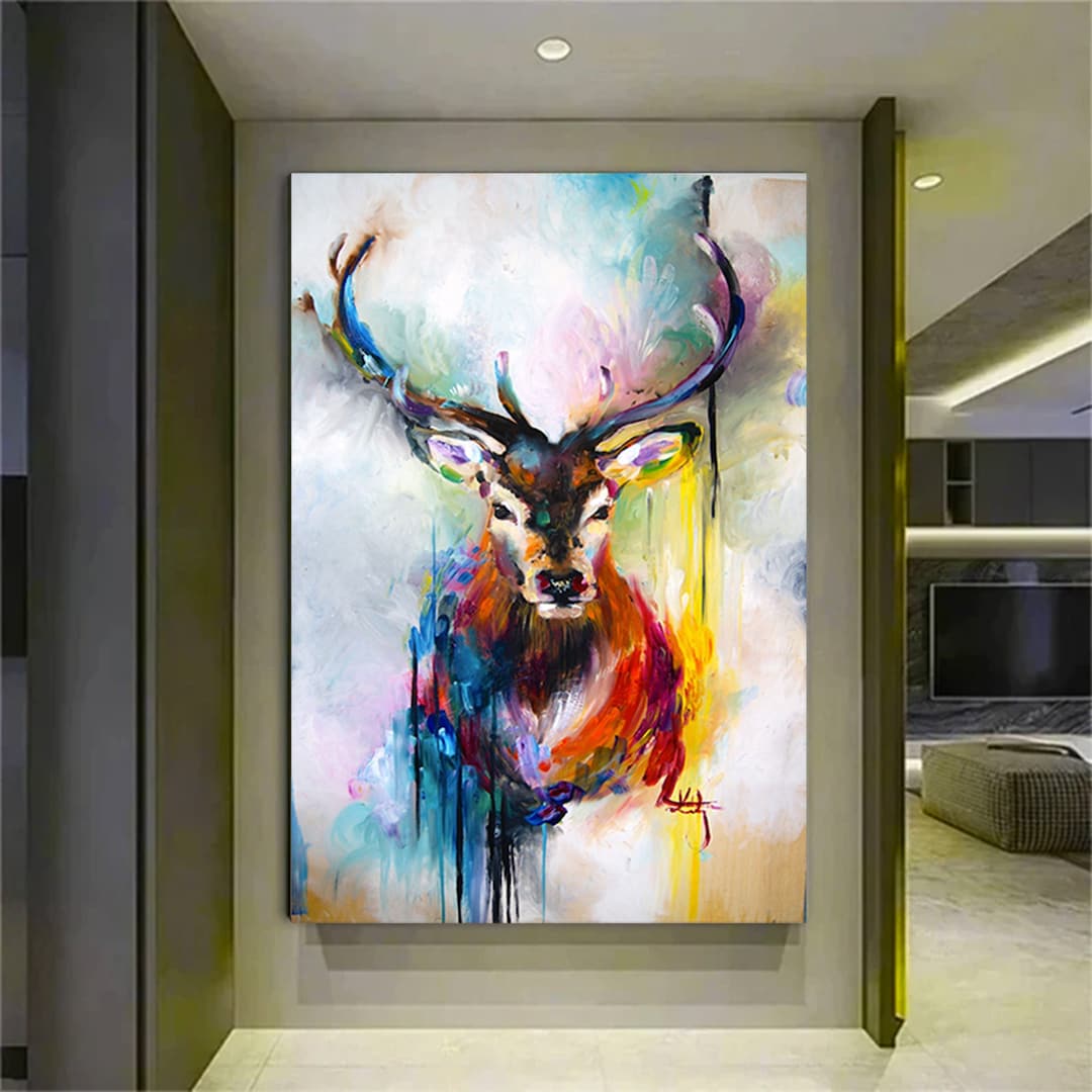 Colorful Deer Painting, Watercolor Look Art, Deer Print, Deer Portrait ...