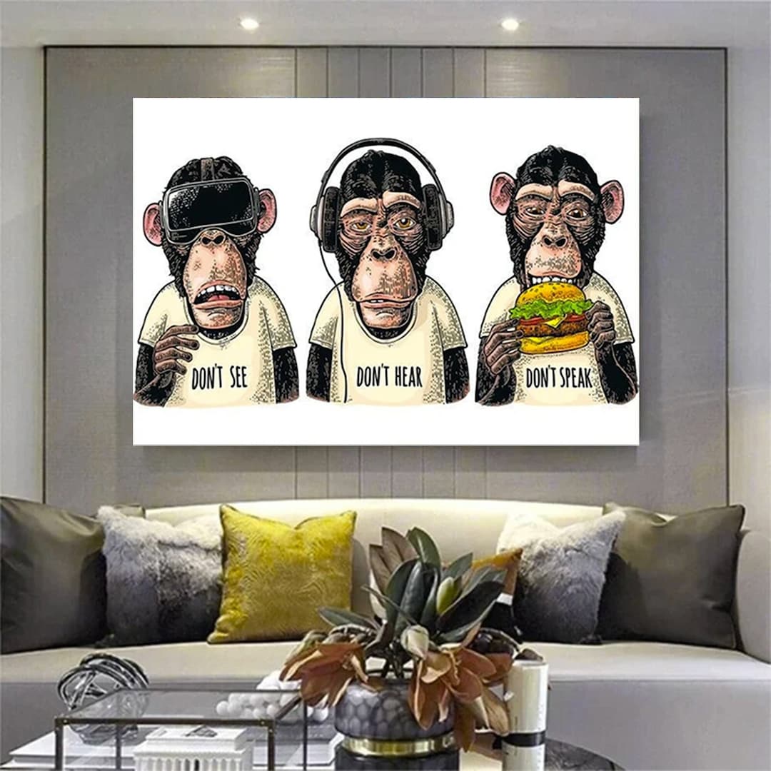3 Monkey Canvas Art , 3 Thoughtful Monkeys , Monkey Canvas , Wise ...
