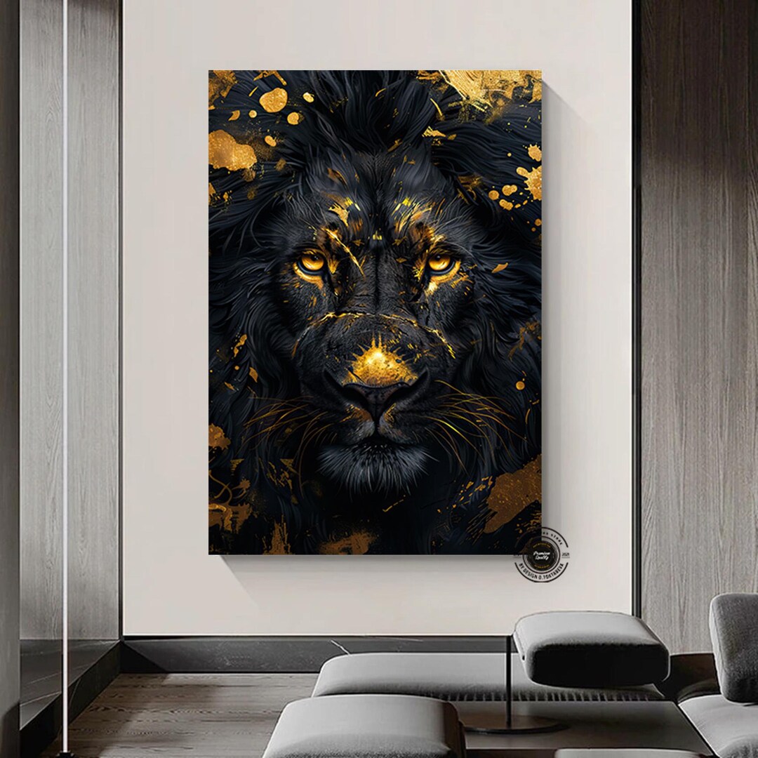The Lion King Wall Art, Lion Black Gold Abstract Painting Extra Large ...