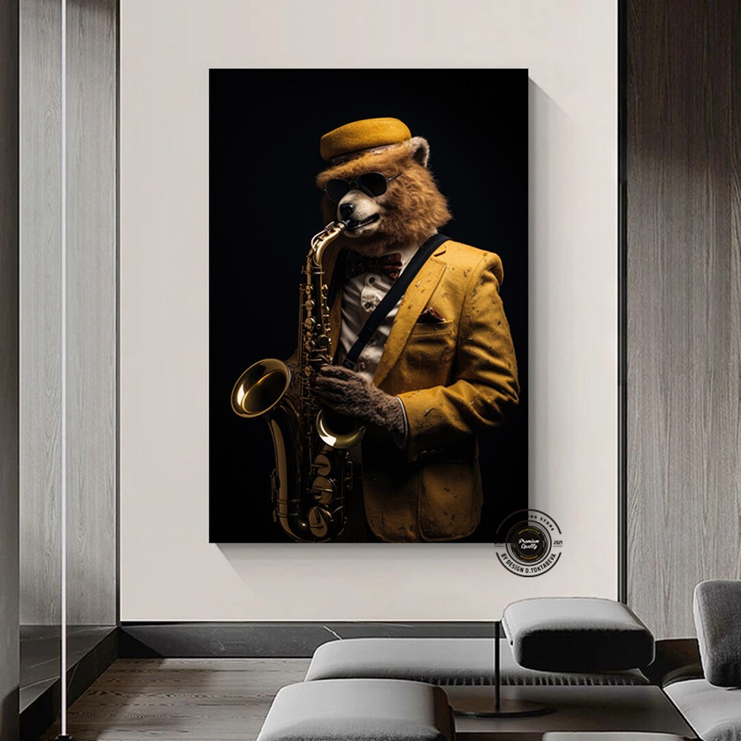 Saxophone Playing Bear Canvas Wall Decor, Funny Animal Art, Jazz Canvas ...