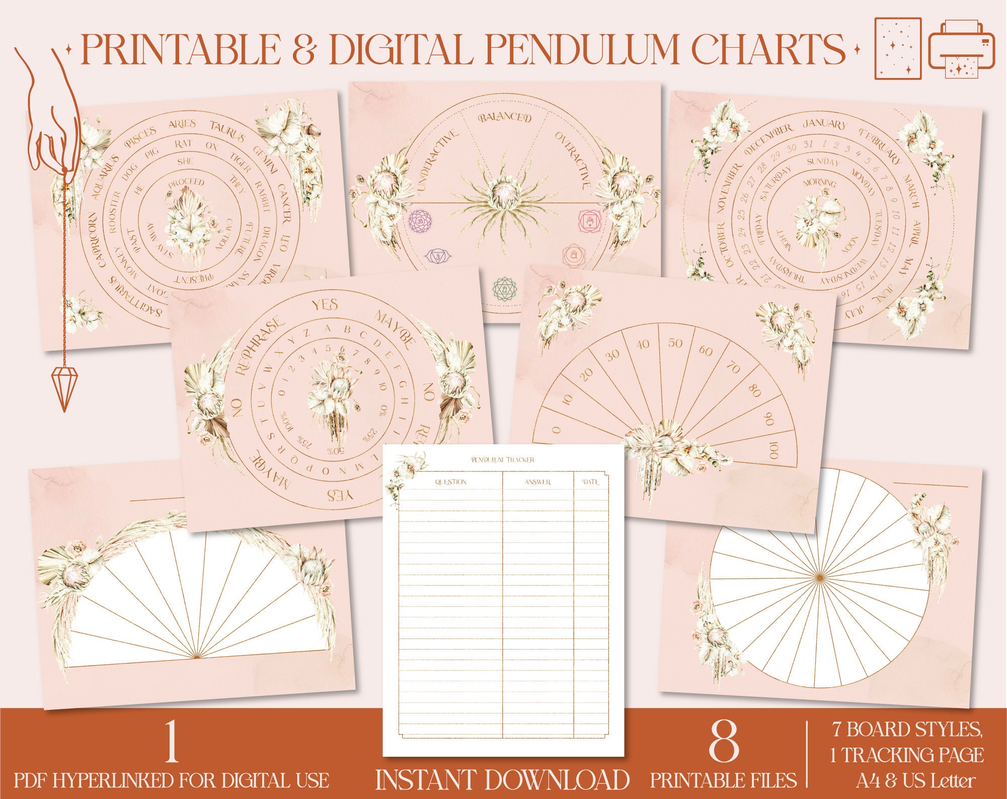 PENDULUM CHARTS Digital and Printable, Blush Love Floral Themed ...