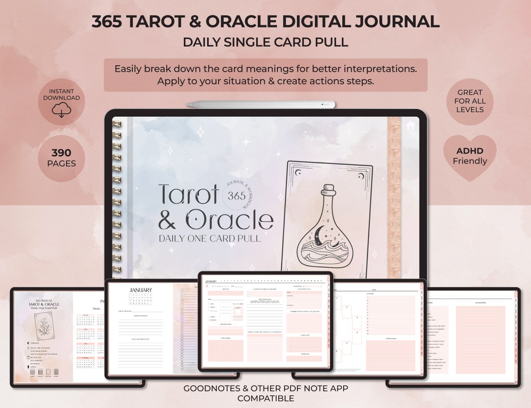 DIGITAL Daily Tarot Oracle Card Journal - Easy for Beginner, ADHD. Year ...