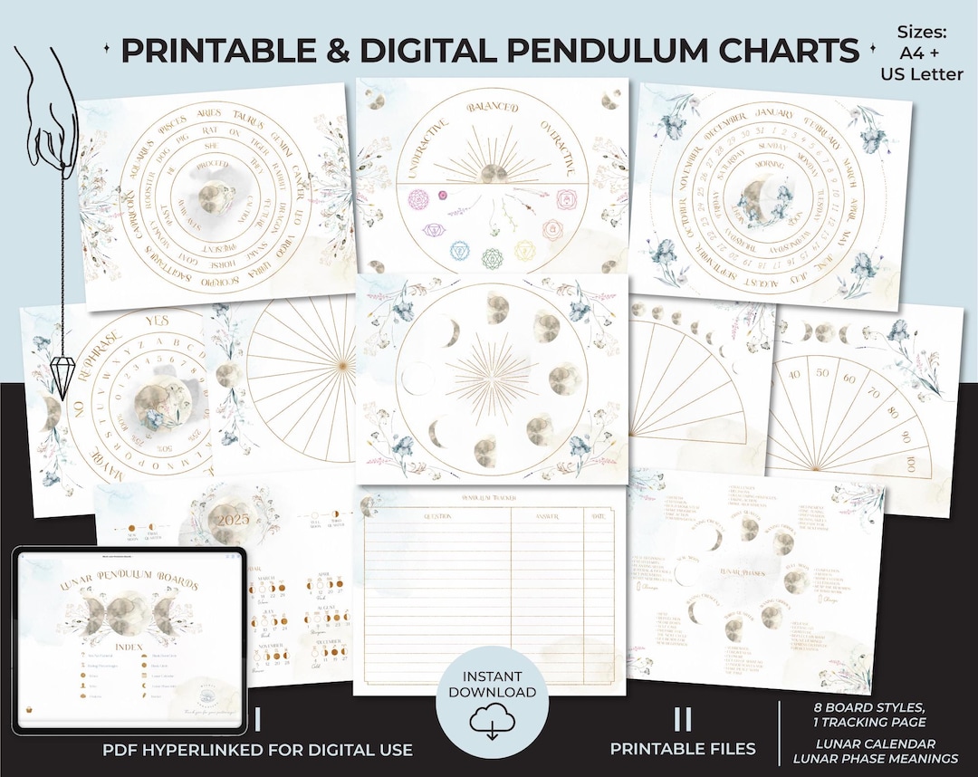 PENDULUM CHART - PRINTABLE Board Lunar Flower White Moon Floral Download Grimoire Dowsing ...