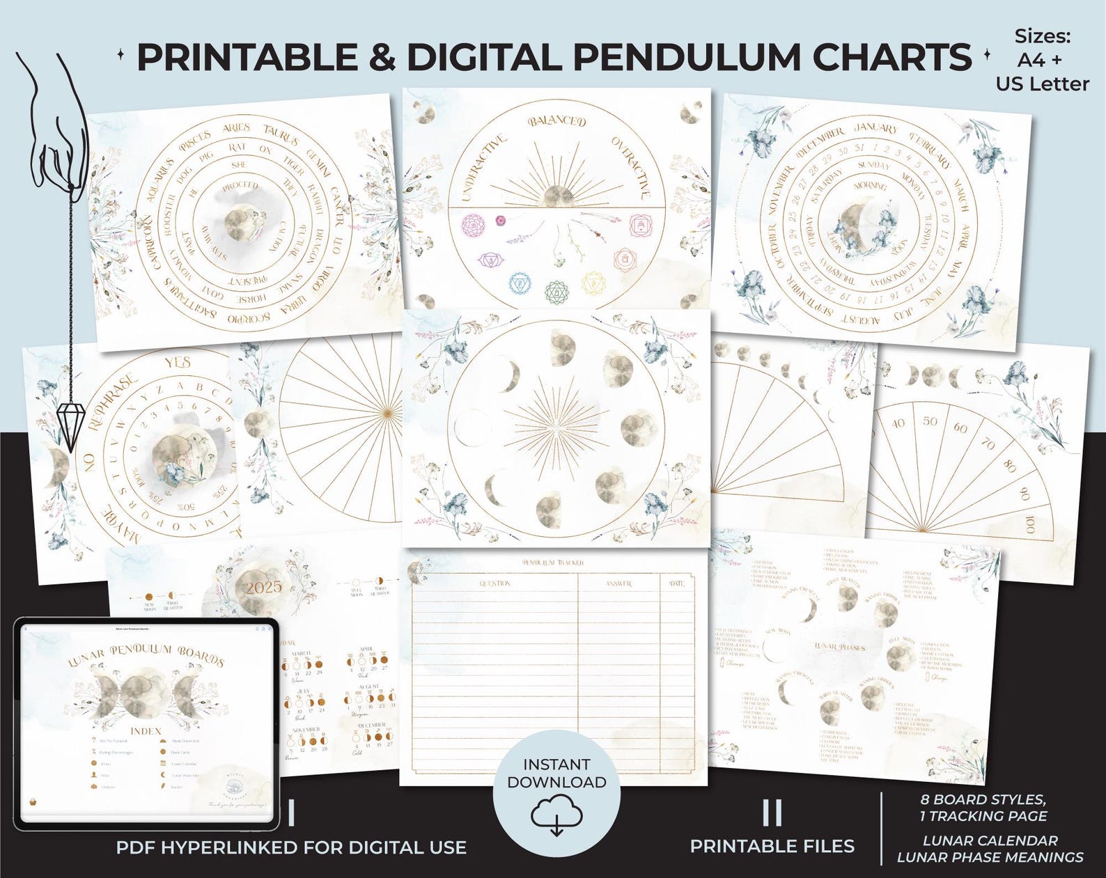 PENDULUM CHART - PRINTABLE Board Lunar Flower White Moon Floral ...