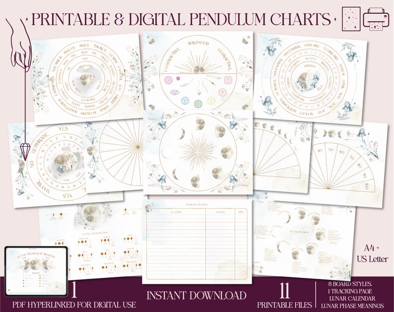 PENDULUM CHART PRINTABLE Board Lunar Flower White Moon Floral Download ...