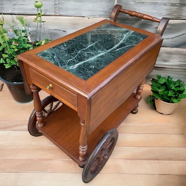 Teak Wood/marble Inlay Tea Cart, Bar Cart, Victorian Tea Cart, Spoke ...