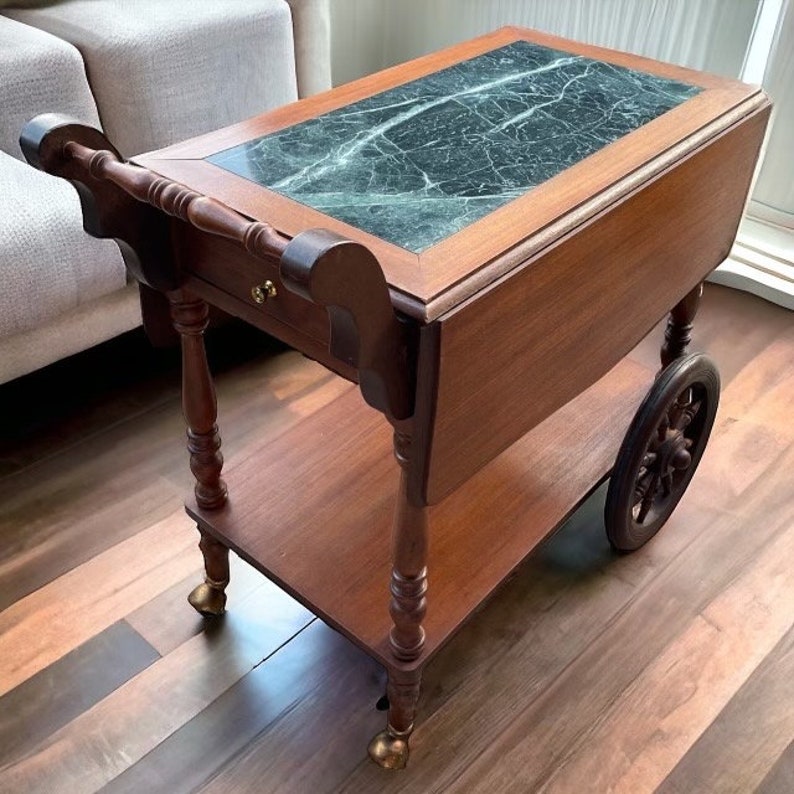 Teak Wood/marble Inlay Tea Cart, Bar Cart, Victorian Tea Cart, Spoke ...