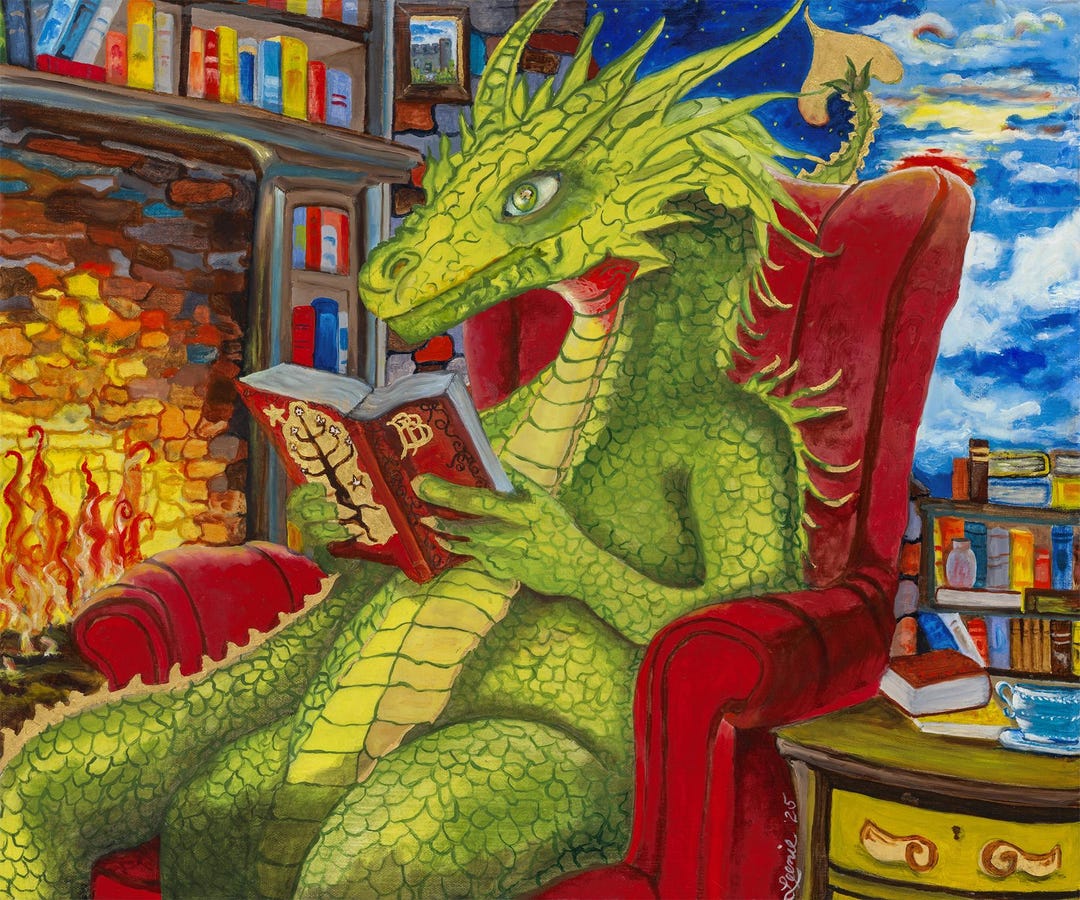 Cozy Reading Dragon Art Print, Whimsical Fantasy Wall Art, Fireplace ...