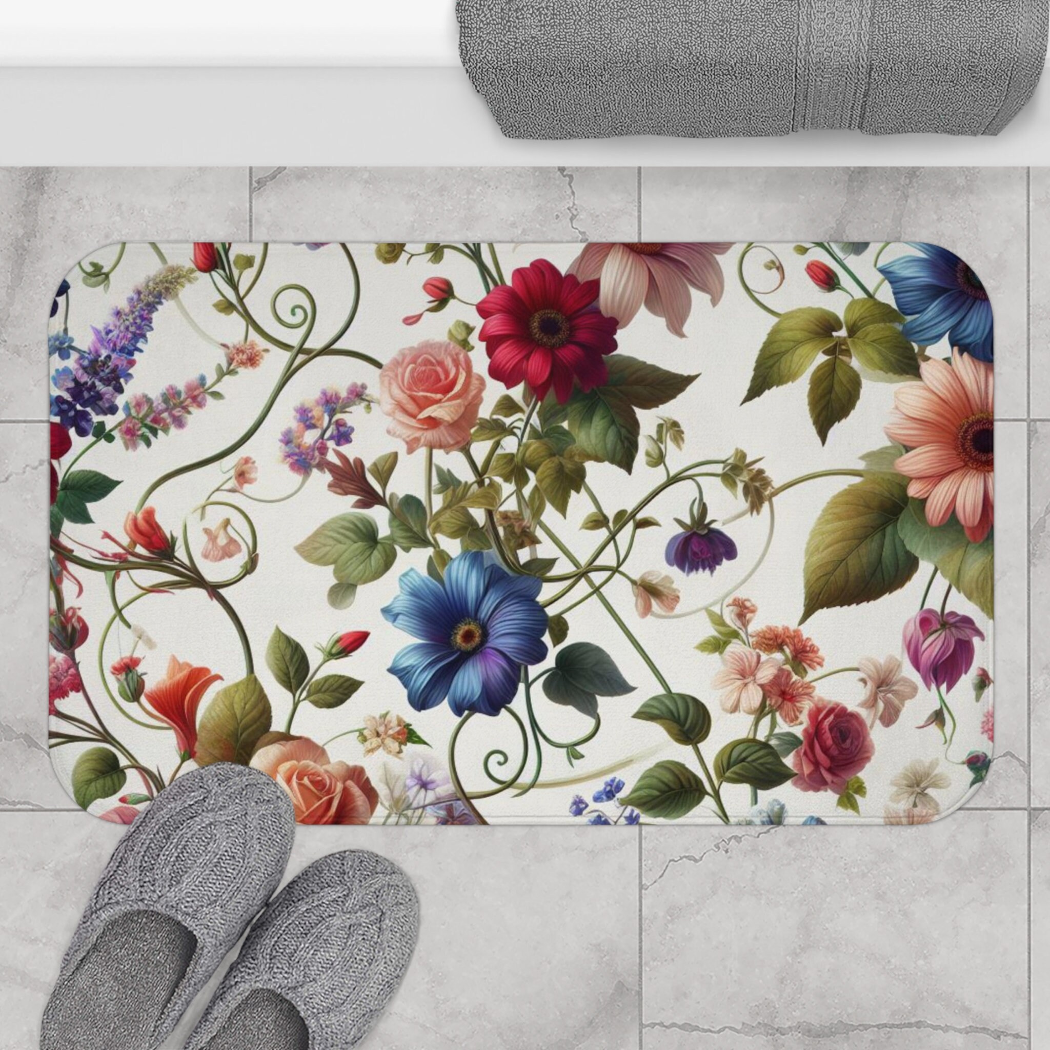 Romantic Florals Landscape Bathroom Mat, Botanical Florals Bathroom Mat ...