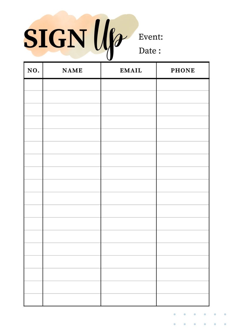 Printable Sign up Template, Sign up Form, Event Sign up Sheet, Sign up ...