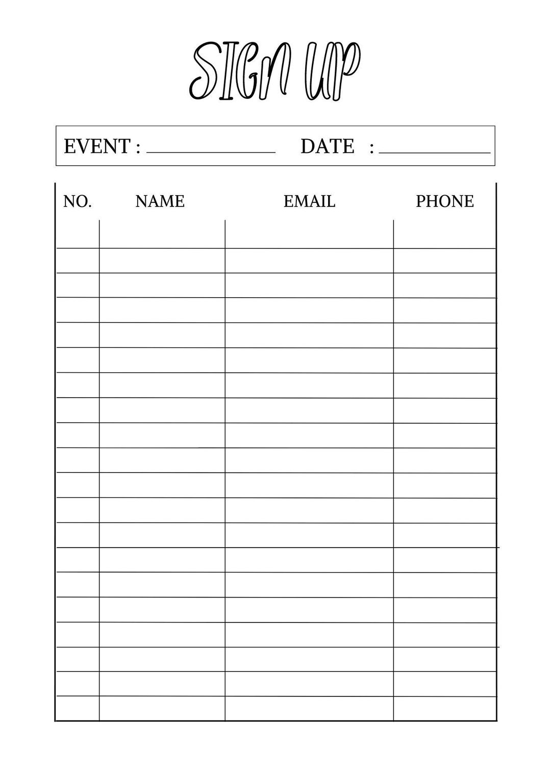 Sign up Sheet Download PDF Instant Download Digital Product - Etsy