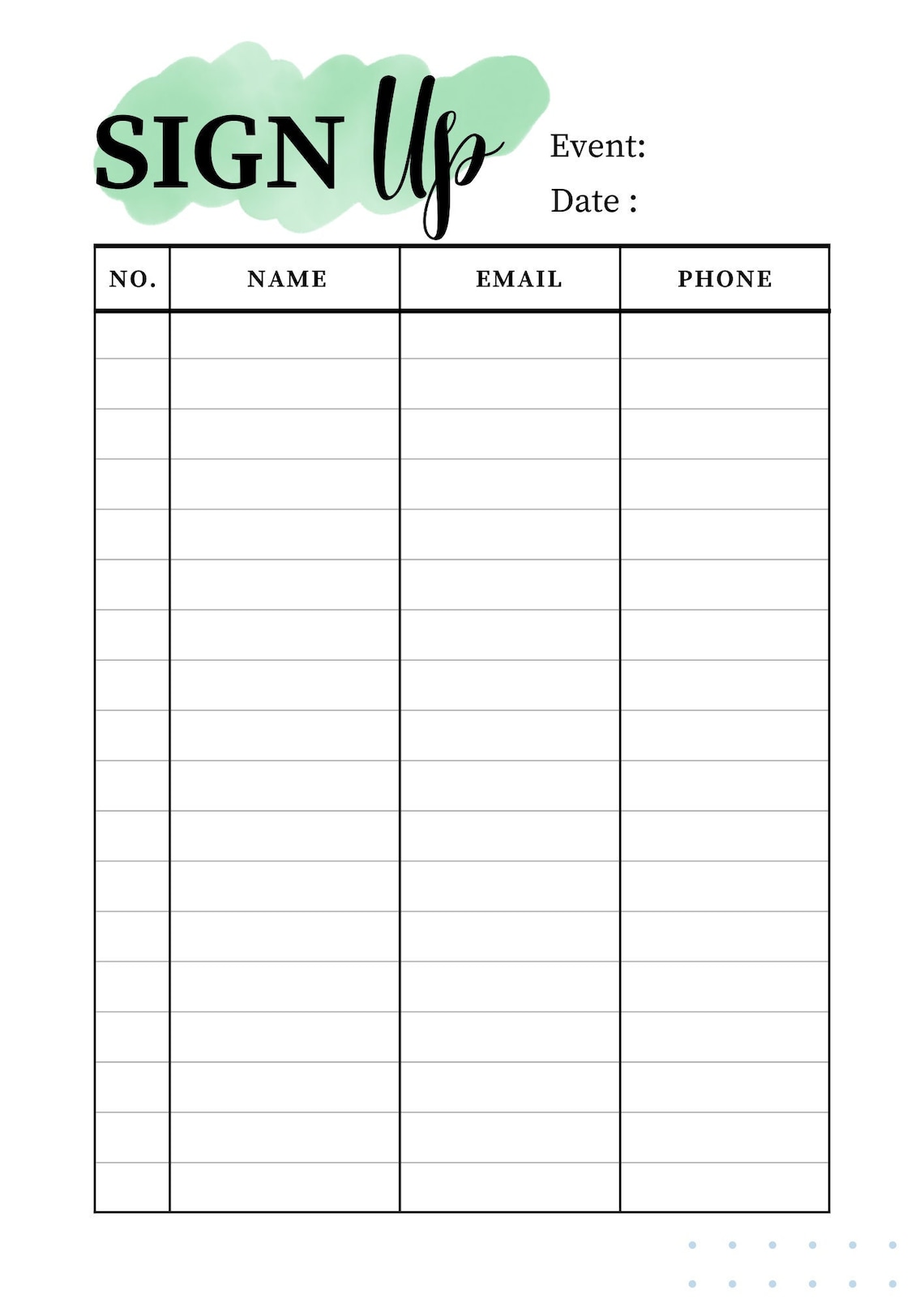 Printable Sign up Template, Sign up Form, Event Sign up Sheet, Sign up ...