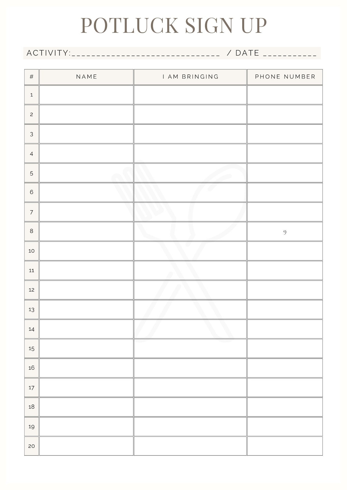 Potluck Sign up Sheet, Minimalist Sign up Sheet - Etsy