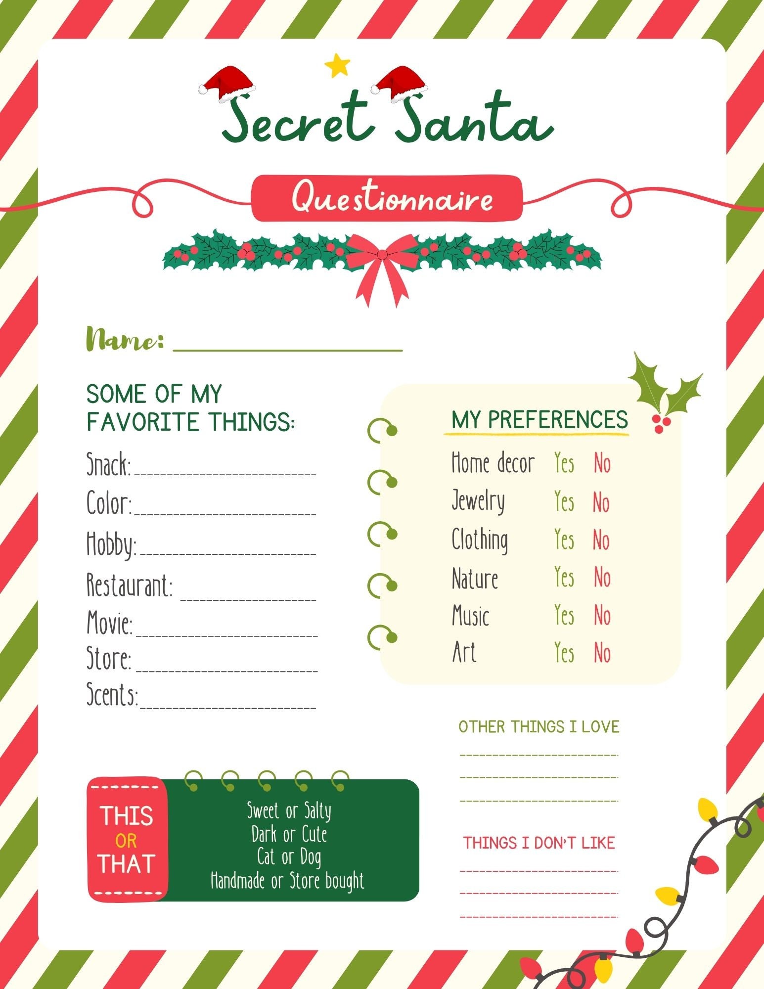 Stealthy Santa Questionnaire: Secret Santa Questionnaire for Holiday ...