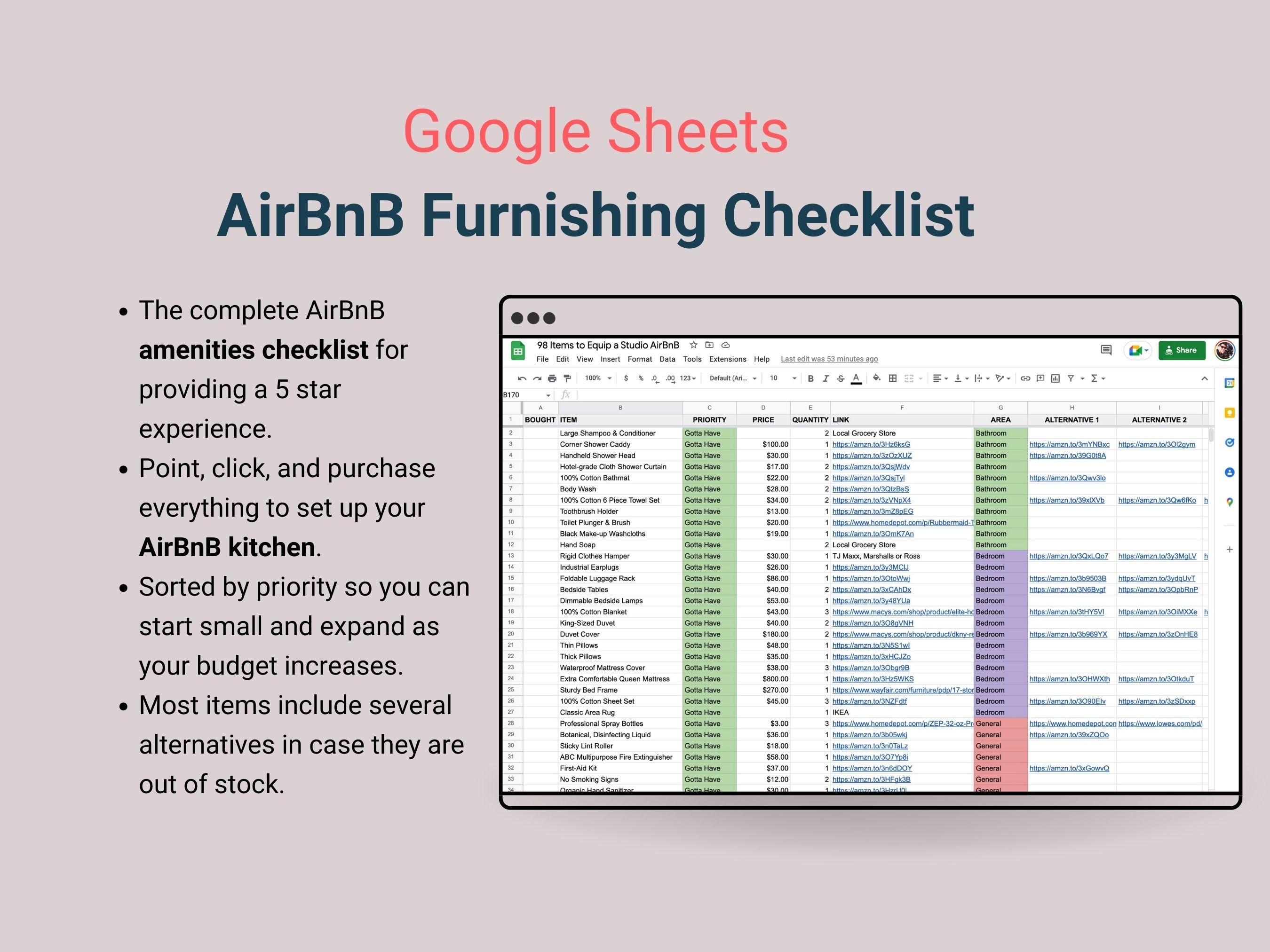 Furnishing List Google Sheets Template Docs | Amenities Checklist ...