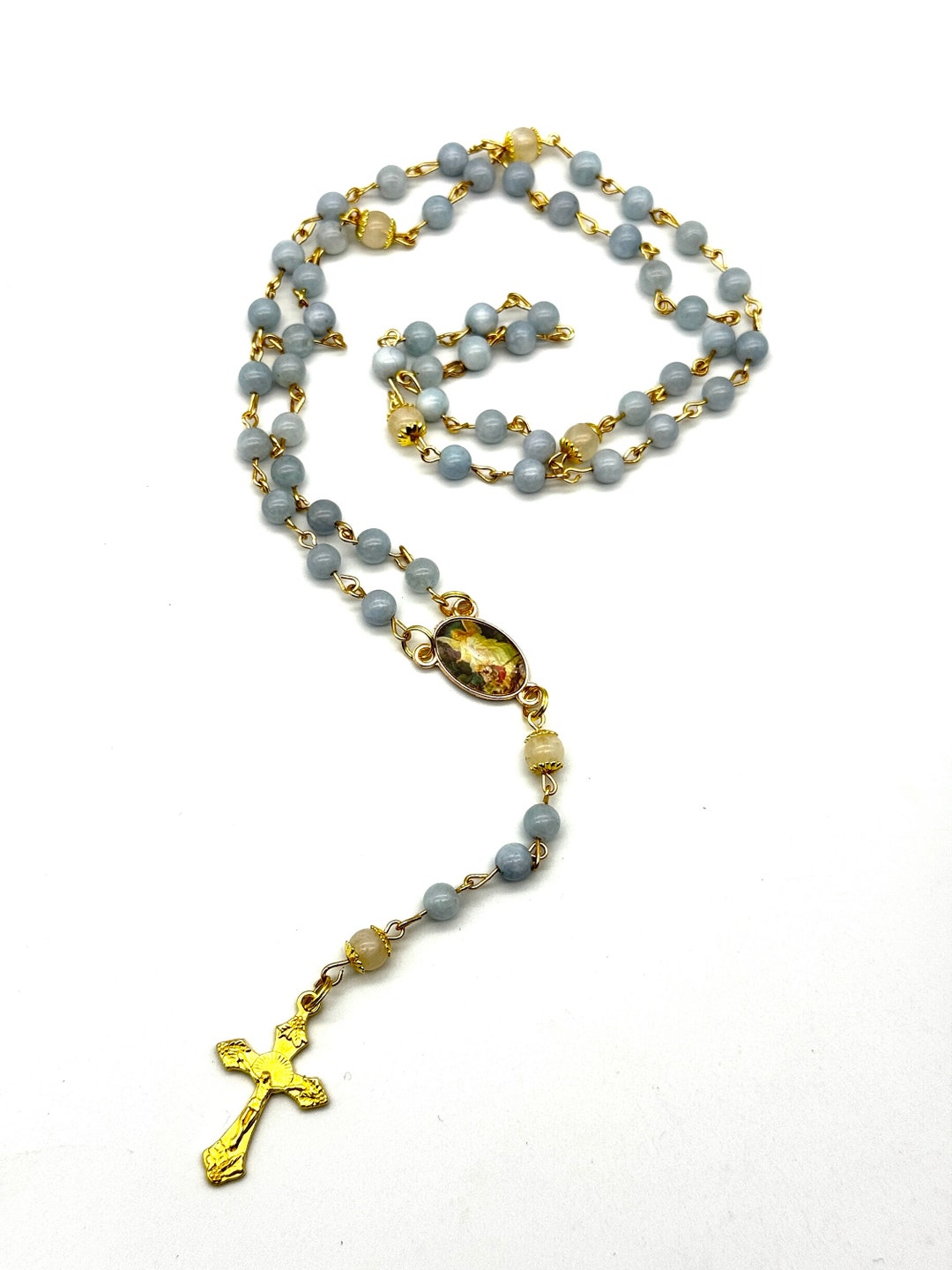 Aquamarine Moonstone Rosary: Guardian Angel Picture, Gold Plated Chain ...