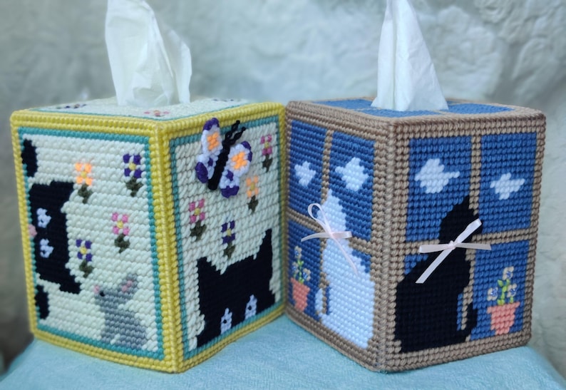 One Vintage Hand-stitched Needlepoint Cat Tissue Box Cover and FREE ...