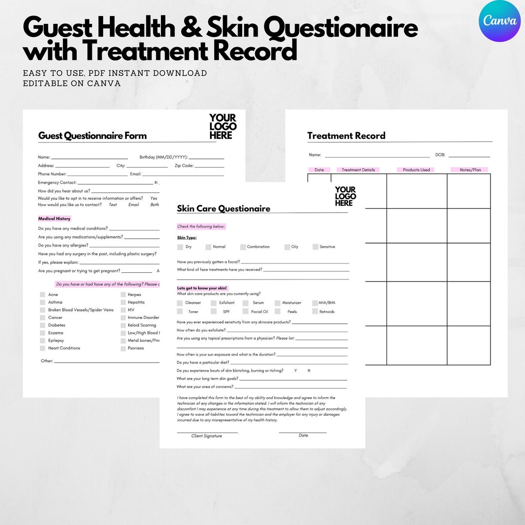 Guest Health & Skin Questionnaire With Treatment Record Form ...