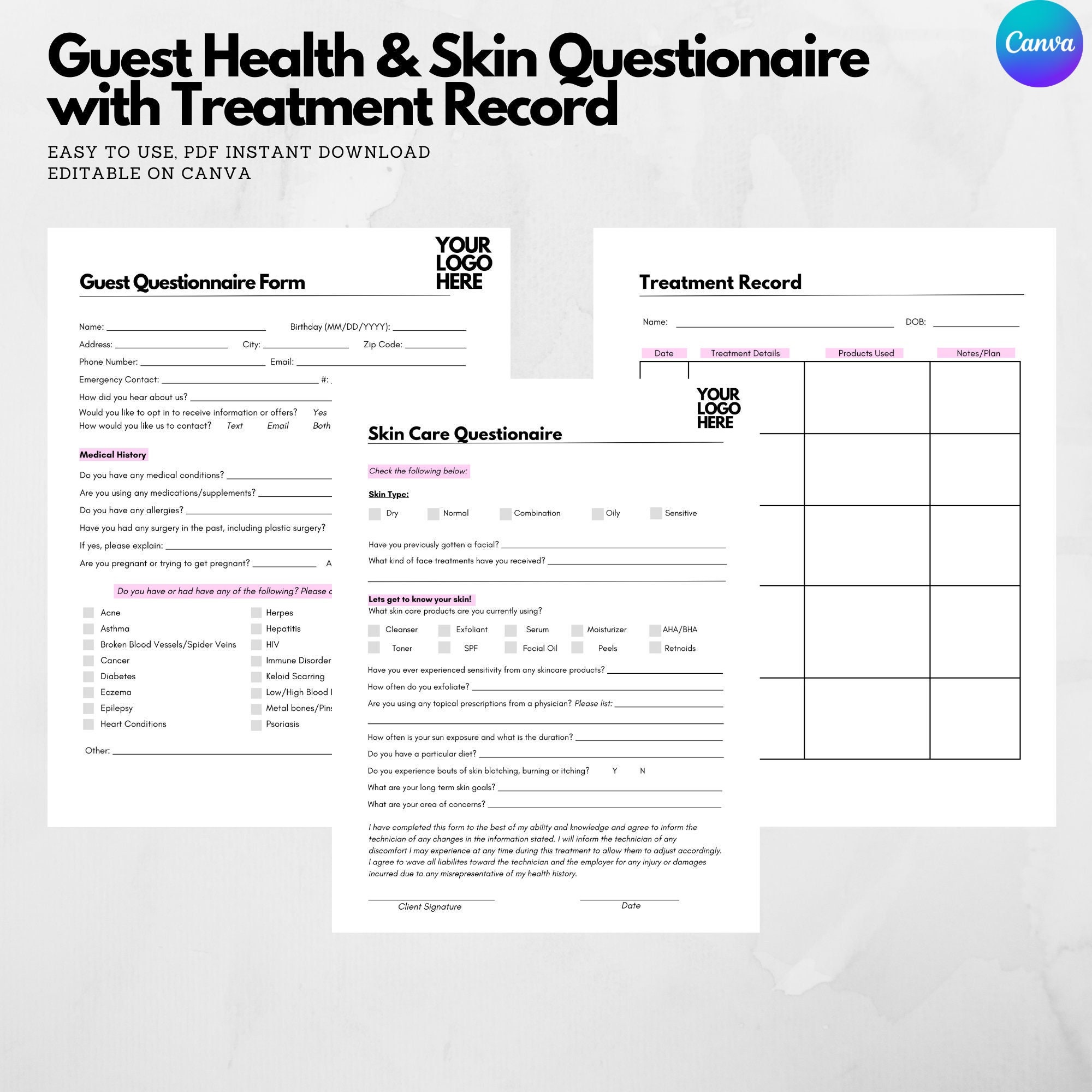 Guest Health & Skin Questionnaire With Treatment Record Form ...