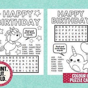 WORD SEARCH Colouring Cards, Happy Birthday Card, PDF Digital Download ...