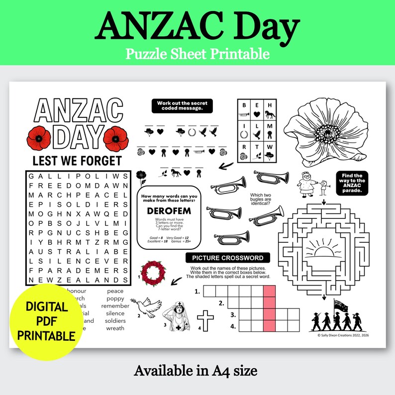 ANZAC Day Puzzle Placemat – Printable Activity Sheet PDF, Kids’ Puzzles ...