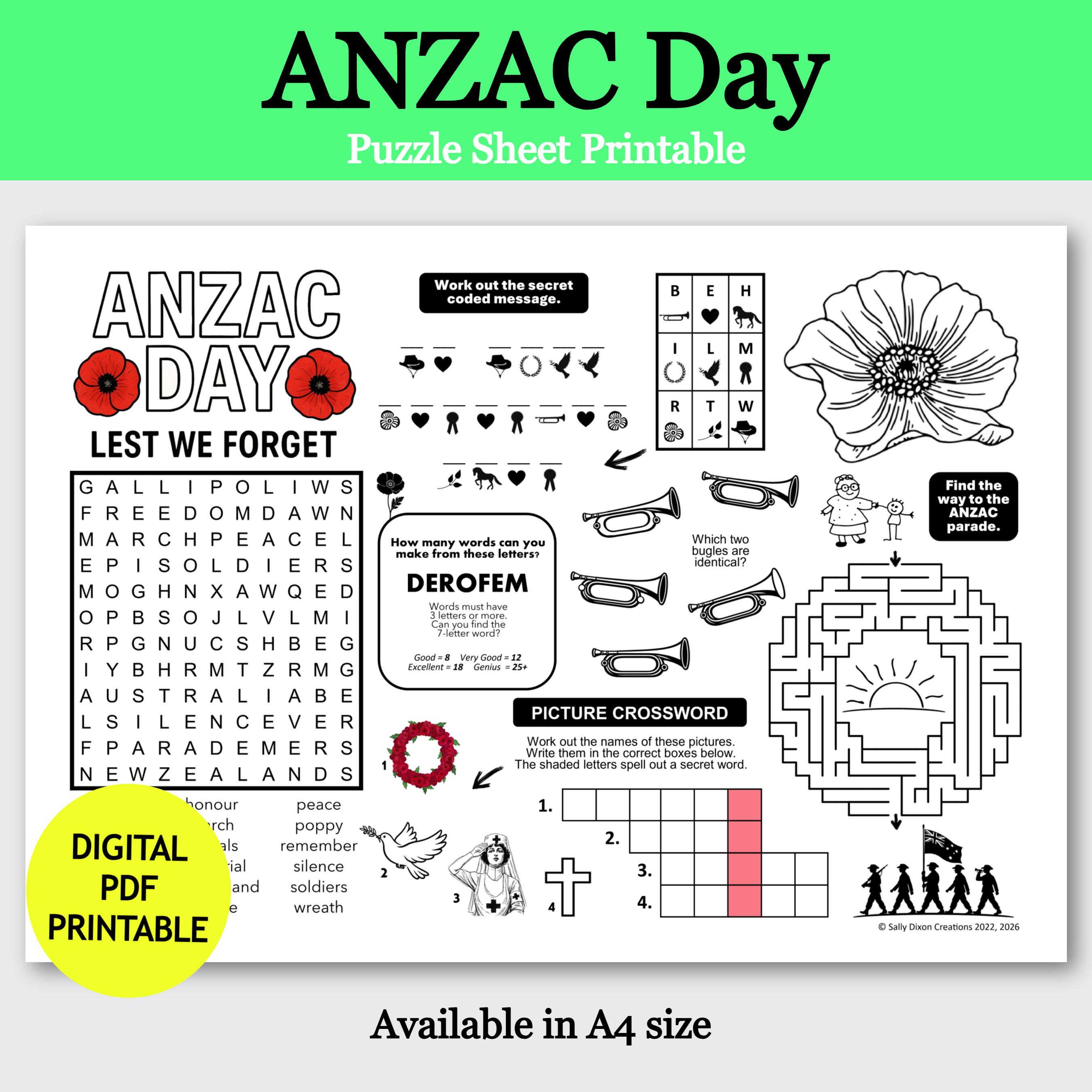 ANZAC Day Puzzle Placemat – Printable Activity Sheet PDF, Kids’ Puzzles ...