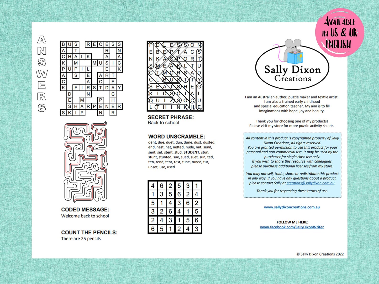Back to School Puzzle Sheet, Digital Download, Printable Puzzle Sheet ...