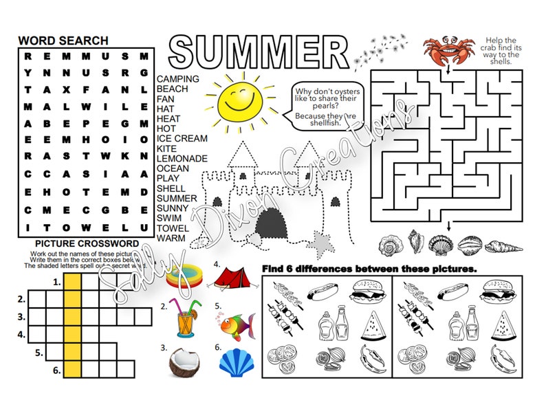 Summer Puzzle Placemat: Kids Activity Sheet, Printable (PDF Digital ...