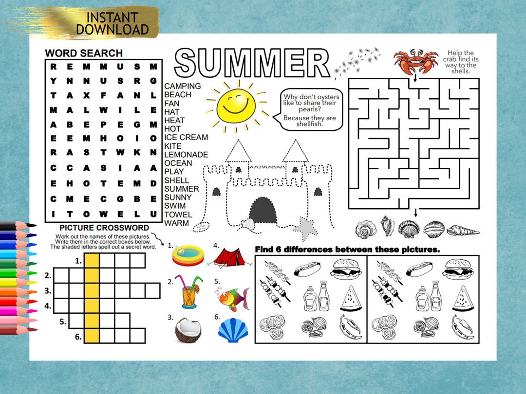 Summer Puzzle Placemat: Kids Activity Sheet, Printable (PDF Digital ...