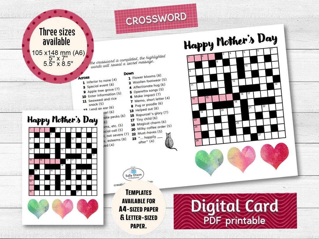 Mother's Day Card, CROSSWORD Printable Card, PDF Digital Download ...