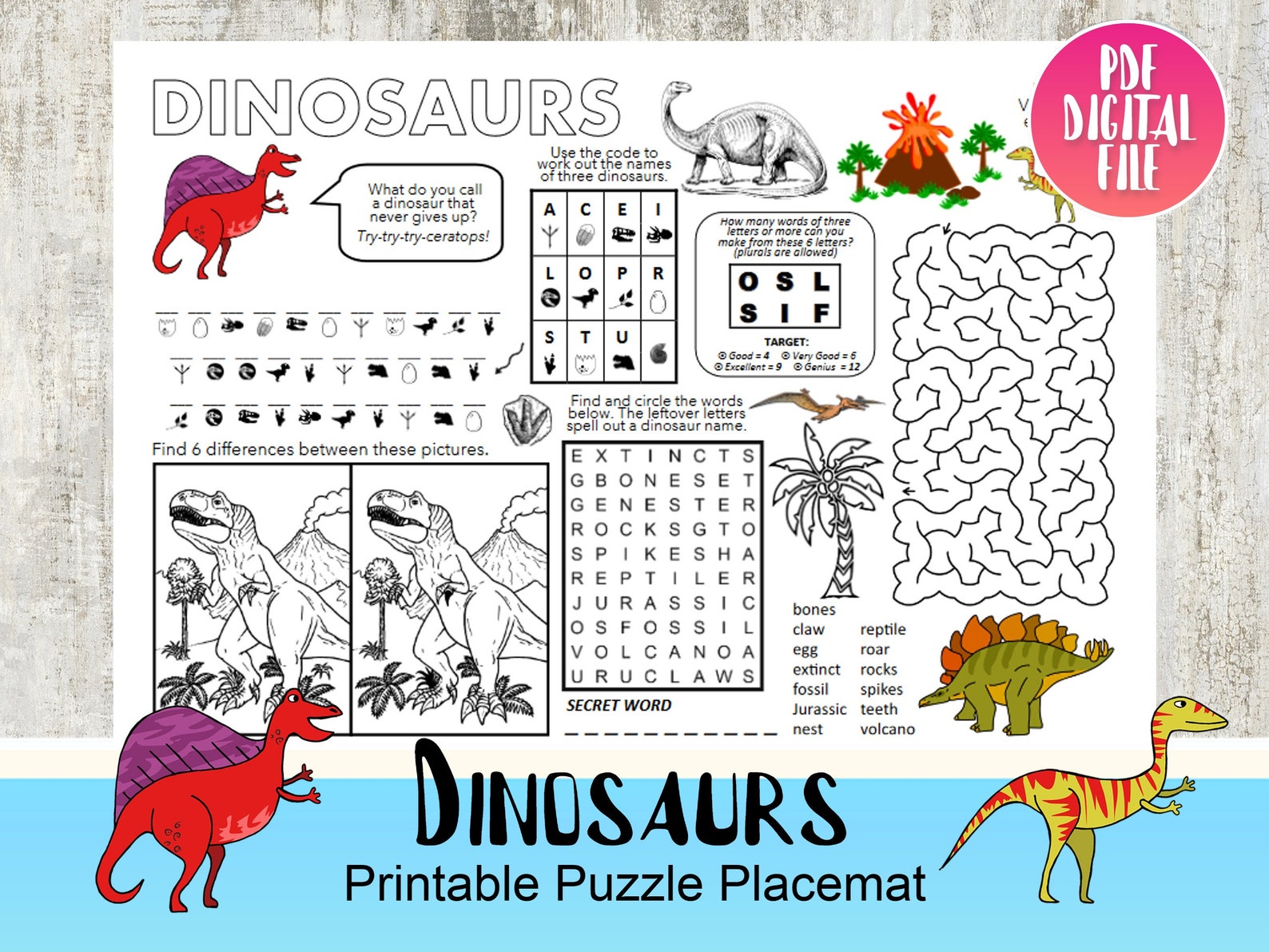 DINOSAURS Printable, Puzzle Place Mat, Crossword Puzzles, Dinosaur ...