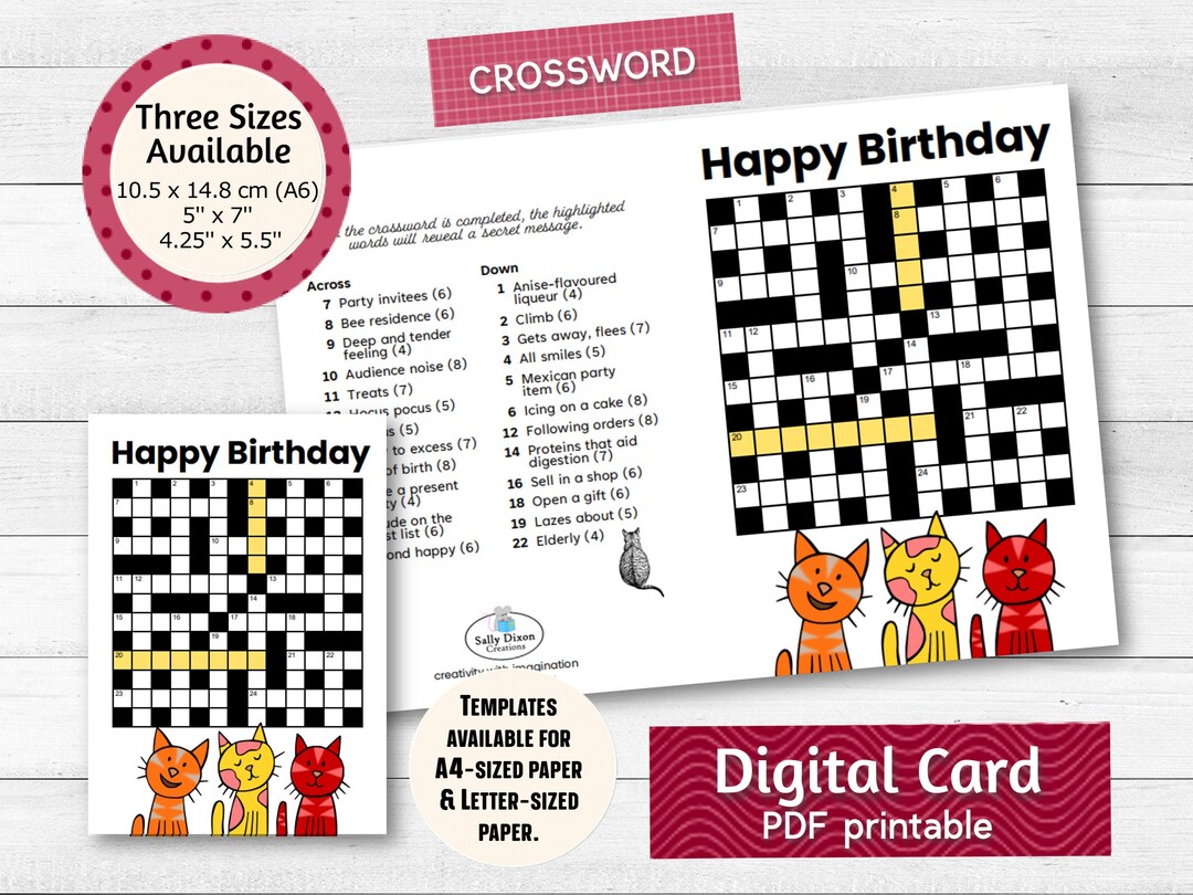 CROSSWORD Printable Card, Happy Birthday Card, PDF Digital Download ...