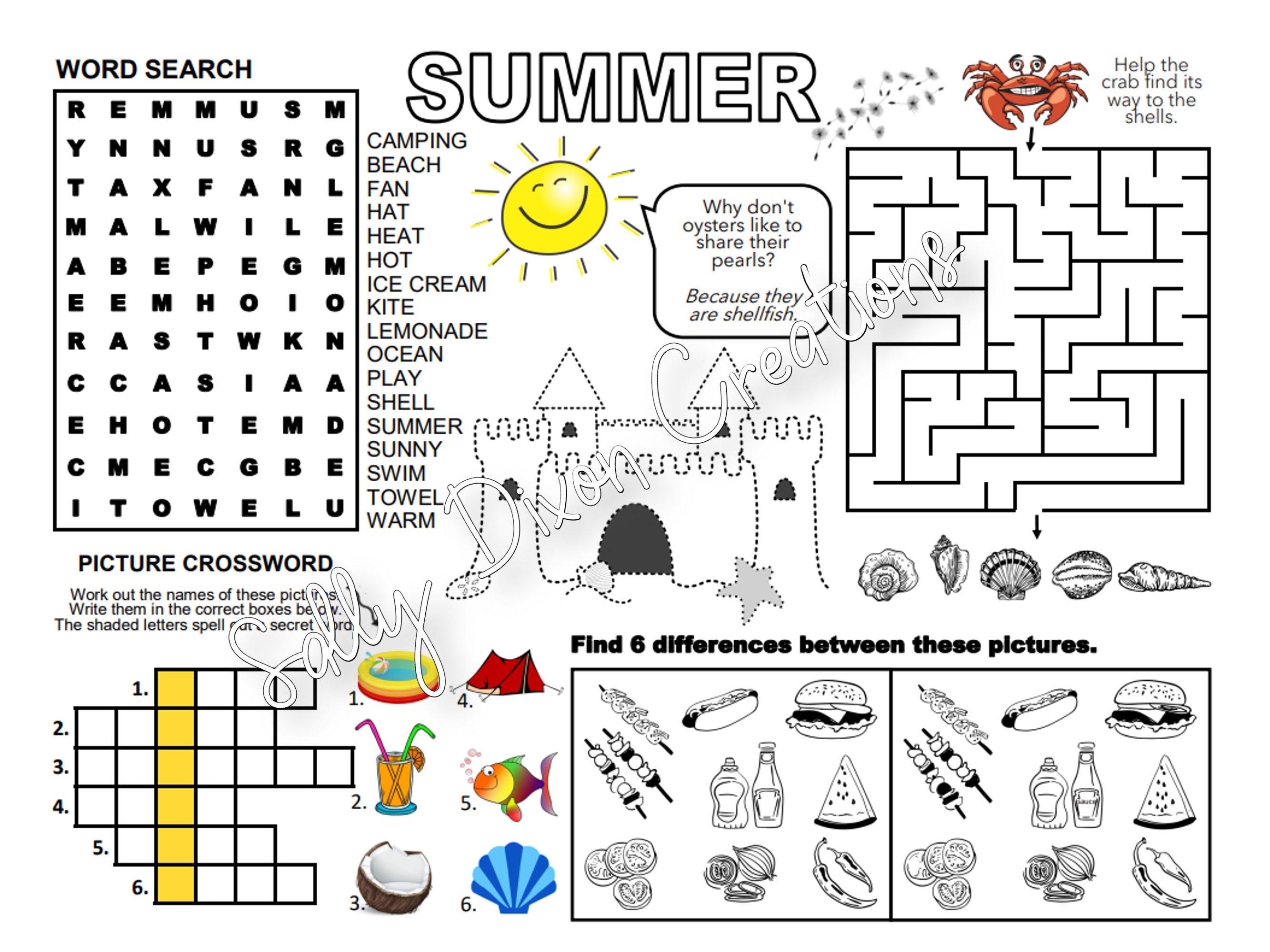 Summer Puzzle Placemat: Kids Activity Sheet, Printable (PDF Digital ...